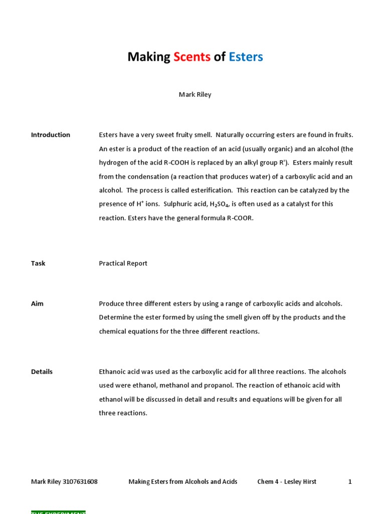 Organic Chemistry - Esters Lab & Lab Report (Making Scents of Esters ...