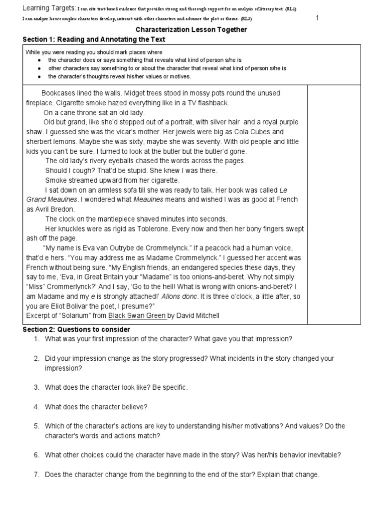 Characterization Lesson Together Section 1: Reading and Annotating The ...
