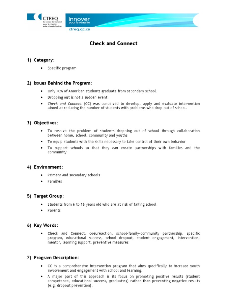 Check and Connect | PDF | Mentorship | High School Dropouts