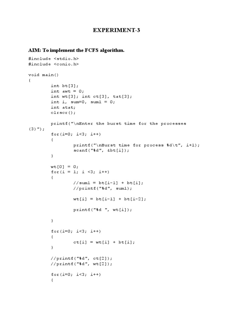 Experiment-3: AIM: To Implement The FCFS Algorithm | PDF | Teaching ...