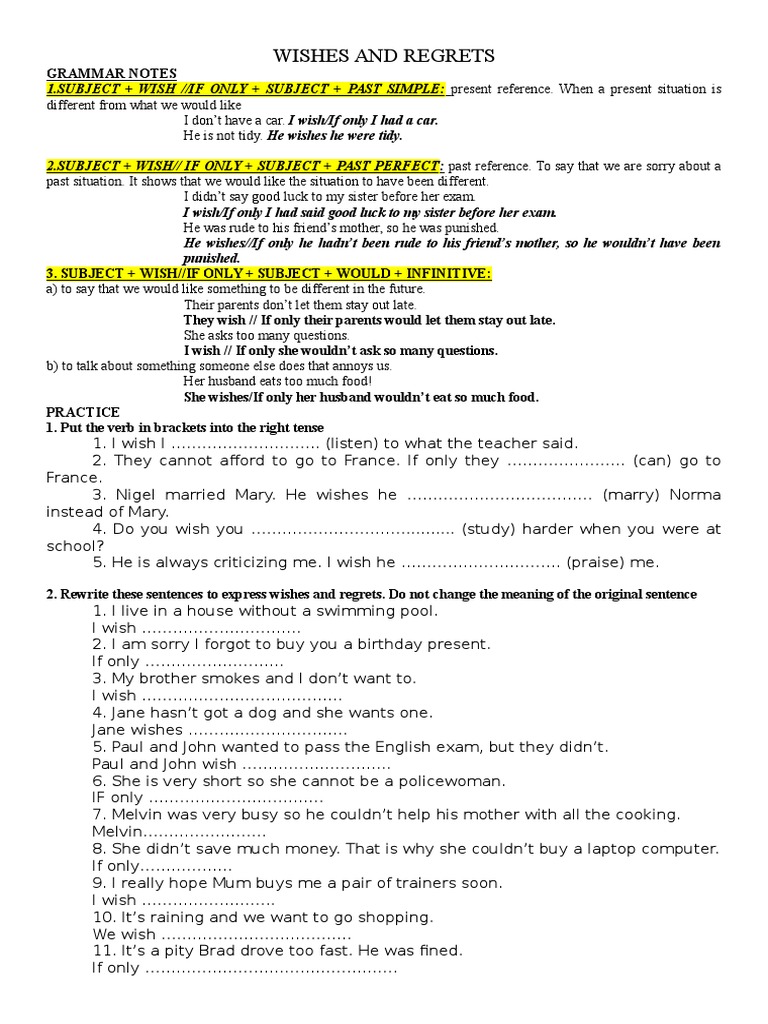 Wishes and Regrets Grammar Guide | PDF | Language Arts & Discipline