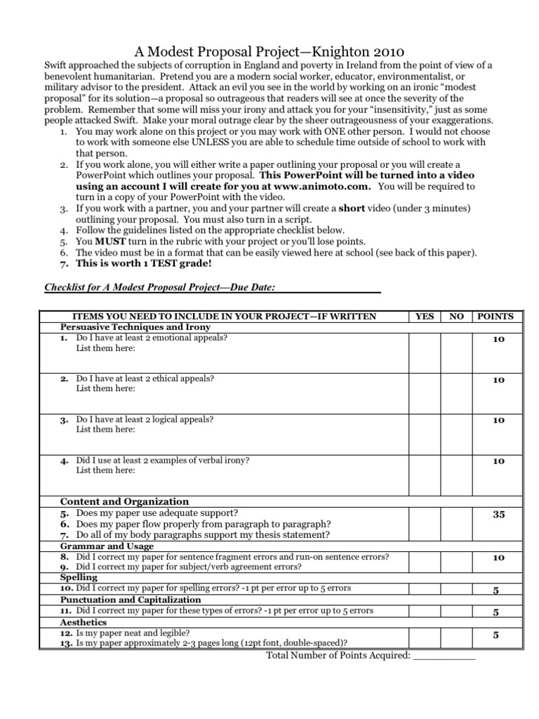 A Modest Proposal Project Checklist 2010 | PDF | Microsoft Power Point ...