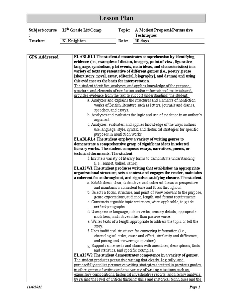 Daily Lesson Plan For A Modest Proposal | PDF | Rhetoric | Essays