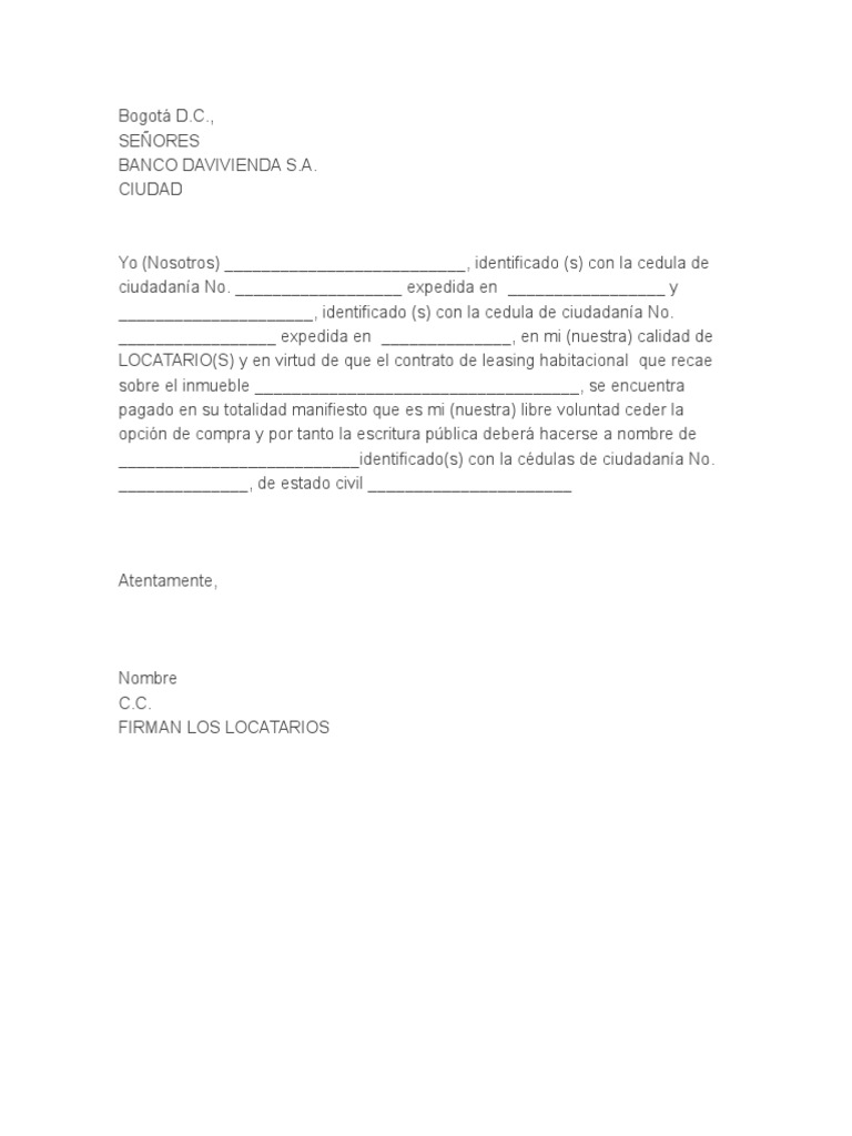 Formato Carta de Cesion Leasing A Un Tercero | PDF