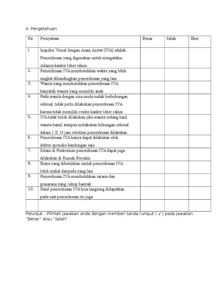 Kuesioner Penelitian Pengetahuan Iva Pdf - Riset
