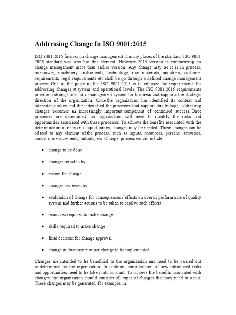 Addressing Change in ISO 9001 | PDF | Change Management | Quality ...