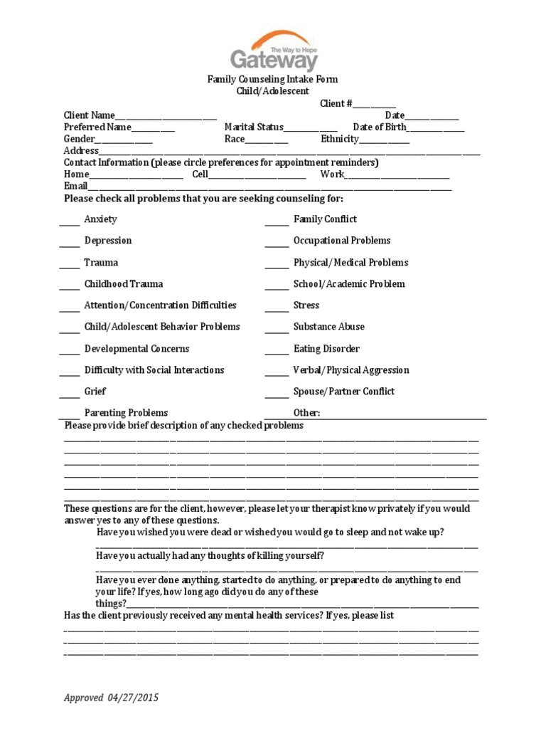 Child and Adolescent Counseling Intake Form | PDF | Psychological ...