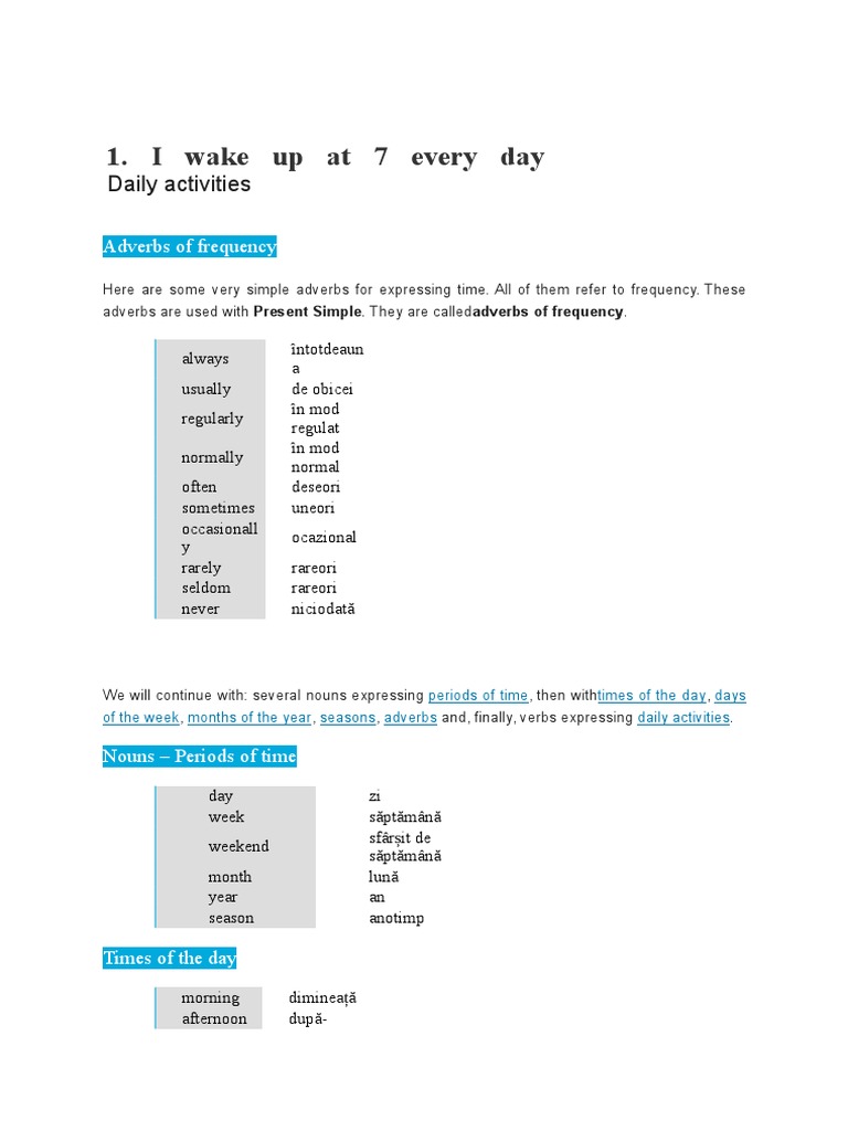 I Wake Up at 7 Every Day: Daily Activities | PDF | Grammatical Number ...