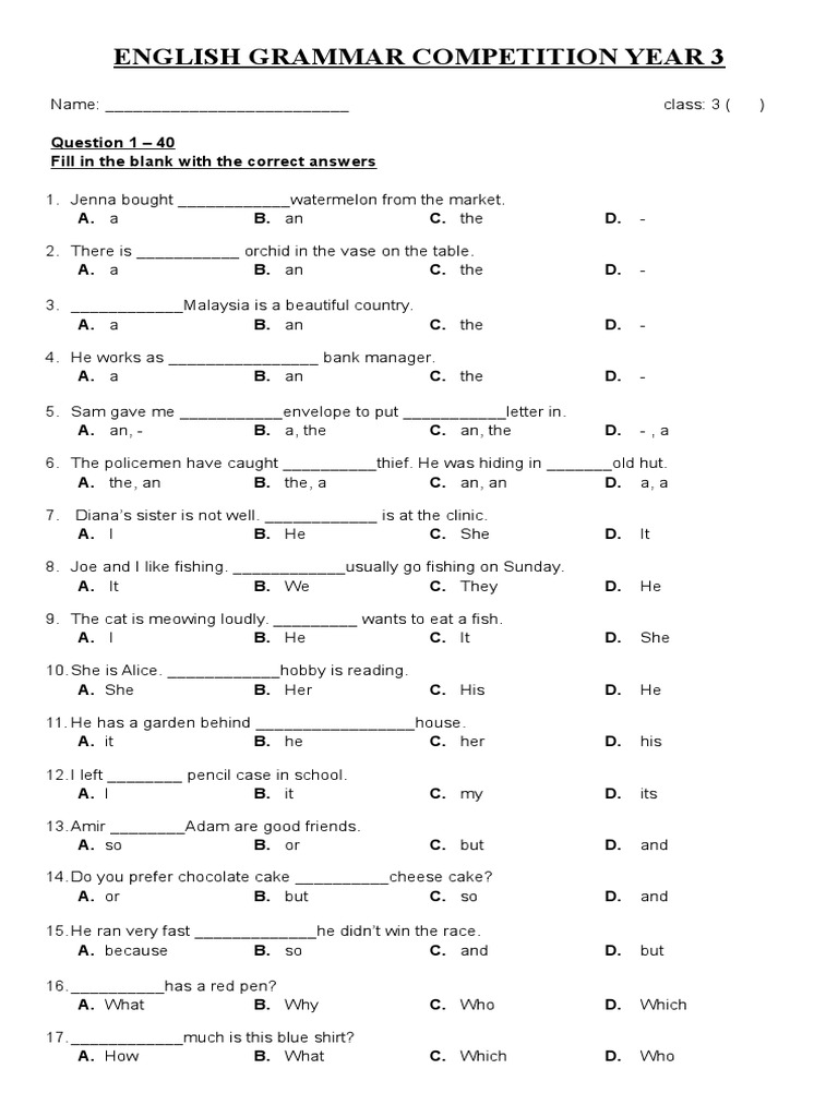 Year 3 English Grammar Test | PDF | Teaching Methods & Materials