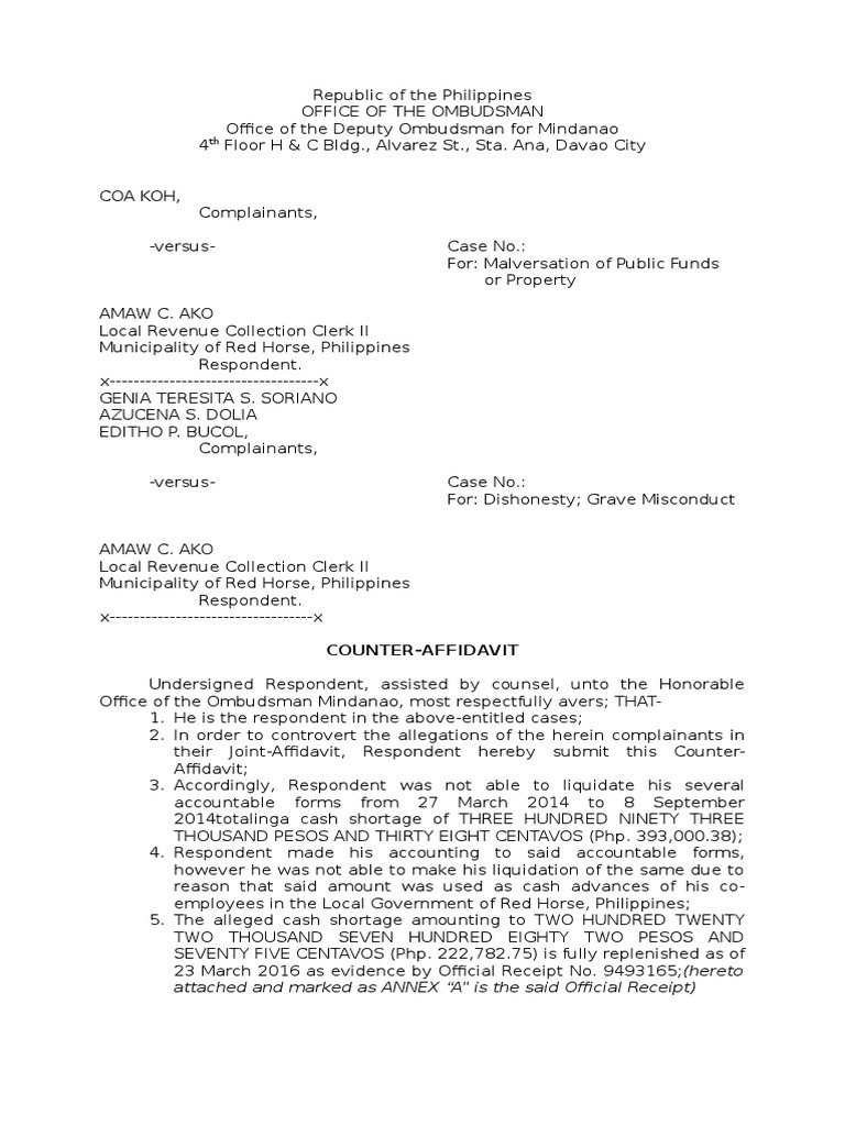 Counter-Affidavit for Malversation Case | PDF | Negligence | Fraud