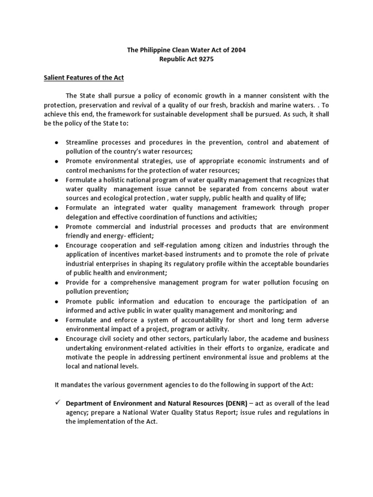 Salient Features of RA 9275 | PDF | Water Resources | Clean Water Act