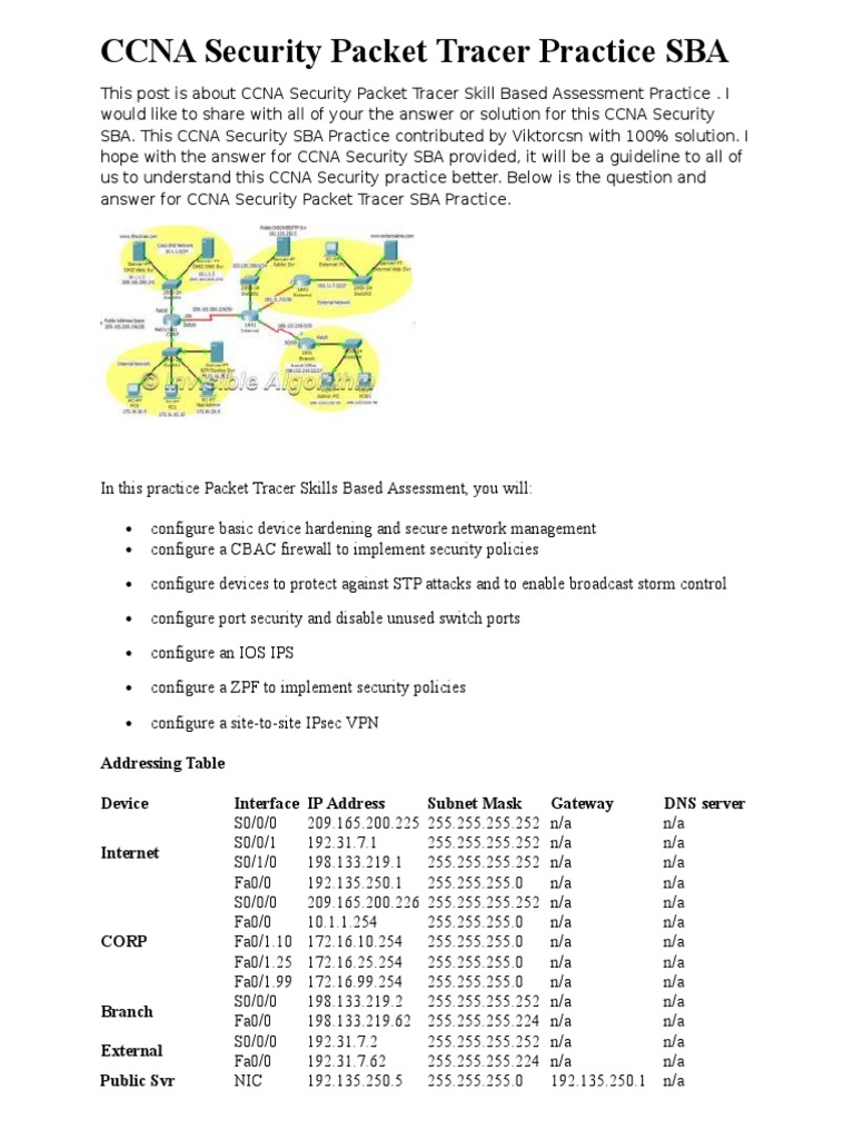 CCNA Security Packet Tracer Practice SBA | PDF | Ip Address | Router (Computing)