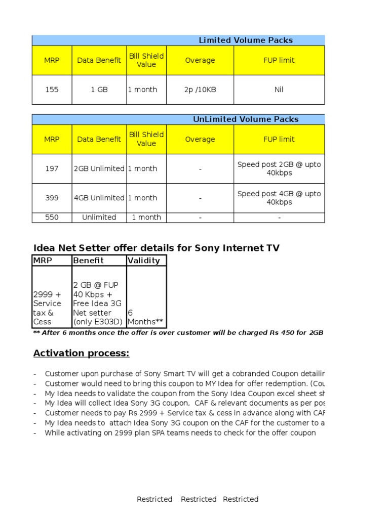Limited Volume Packs: Idea Net Setter Offer Details For Sony Internet ...