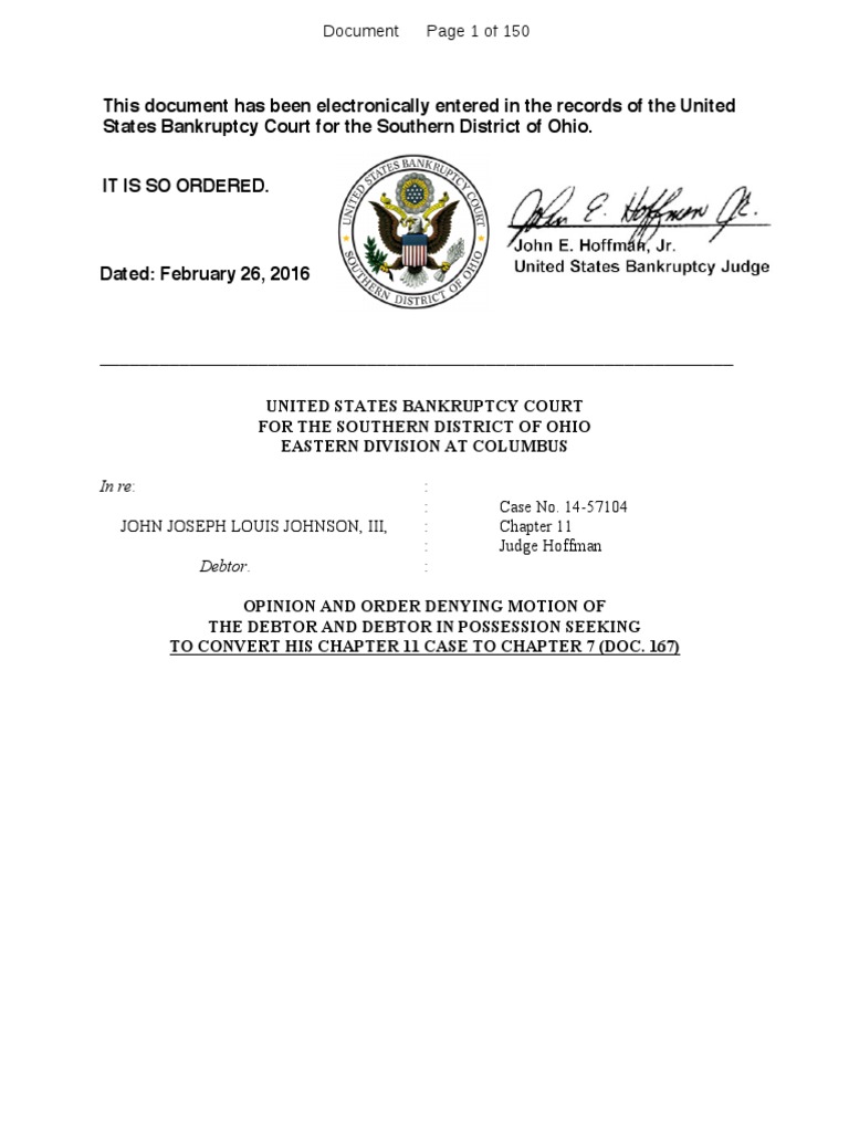 Johnson Bankruptcy Order | PDF | Chapter 11 | Bankruptcy