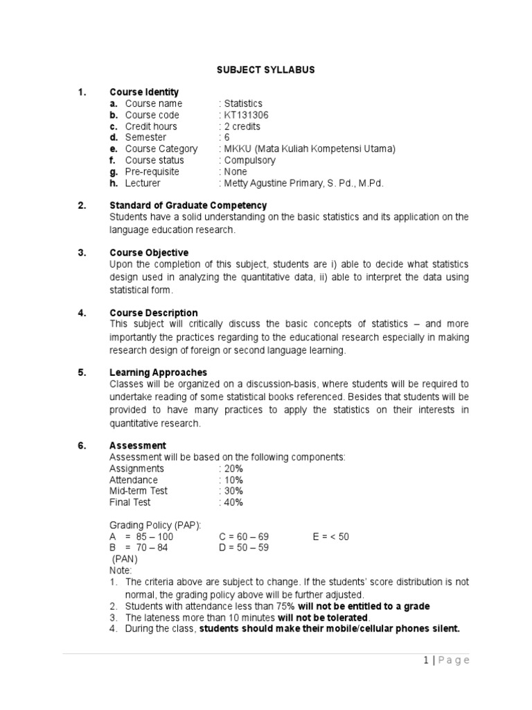 Subject Syllabus of Statistics | PDF | Statistics | Syllabus
