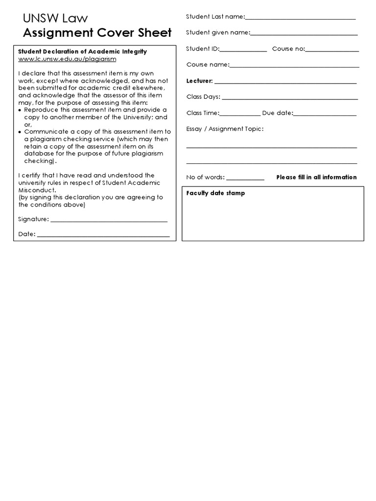 Unsw Law Assignment Cover Sheet | PDF | Academic Integrity | Plagiarism