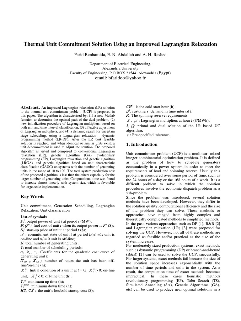 Thermal Unit Commitment Solution Using An Improved Lagrangian Relaxation | Download Free PDF ...