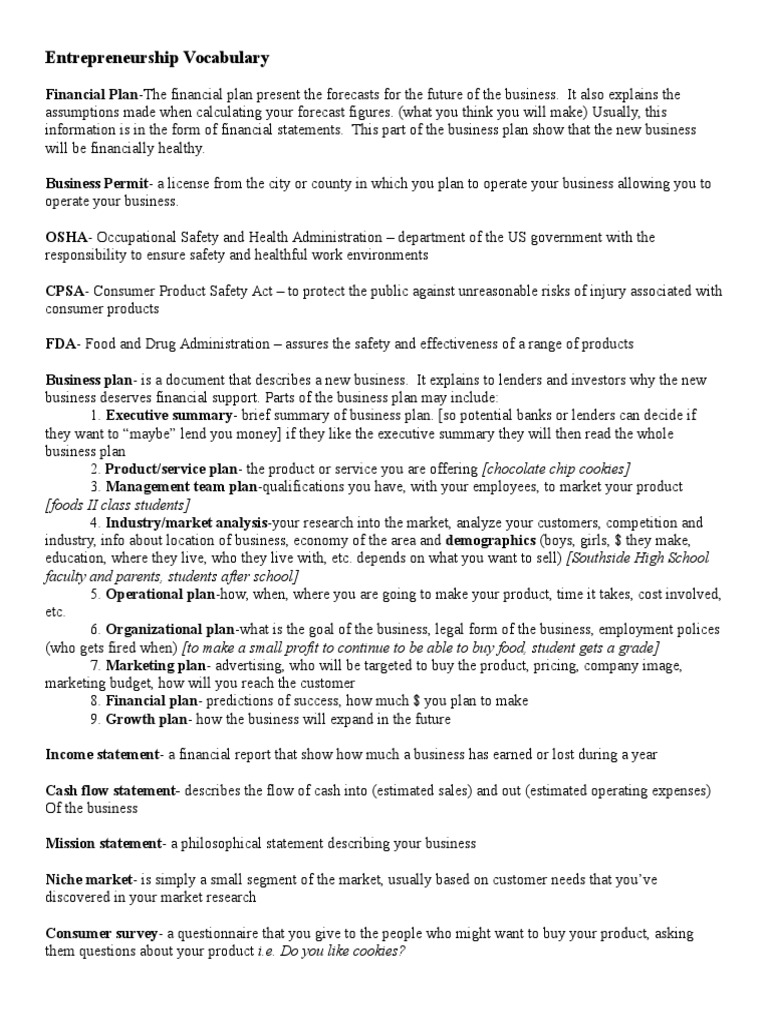 Entrepreneurship Vocabulary | PDF | Marketing | Business Plan