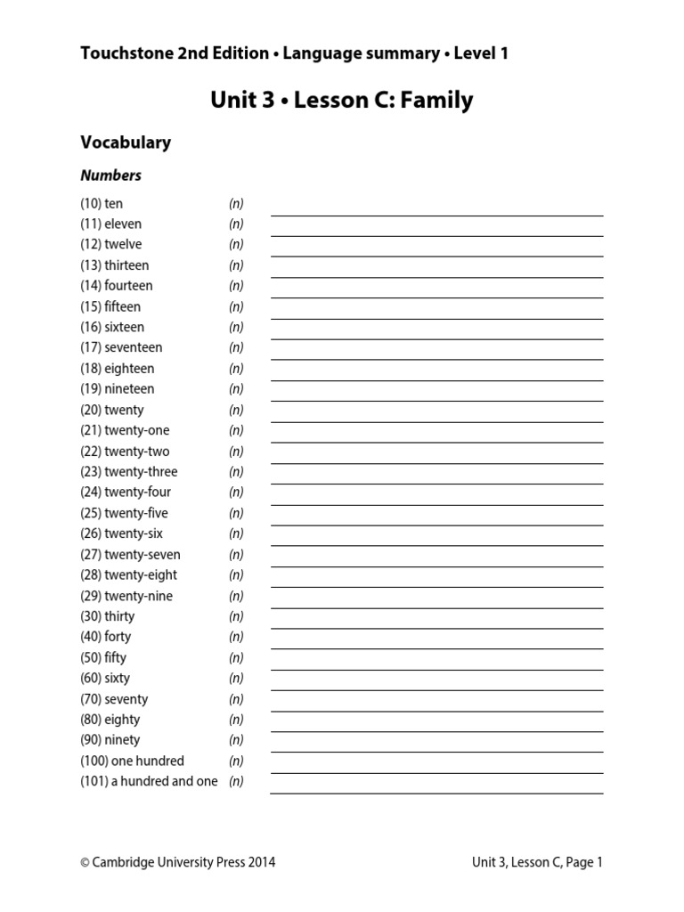Unit 3 - Lesson C: Family: Touchstone 2nd Edition - Language Summary - Level 1 | PDF