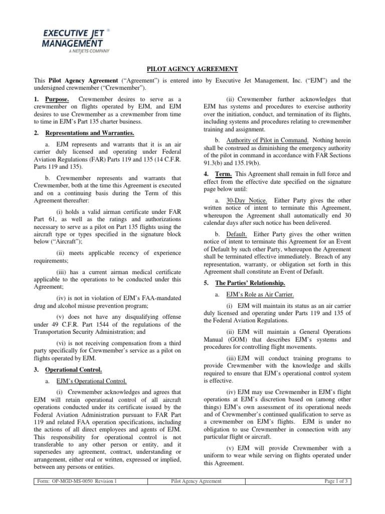 EJM Pilot Agency Agreement | PDF | Indemnity | Pilot (Aeronautics)