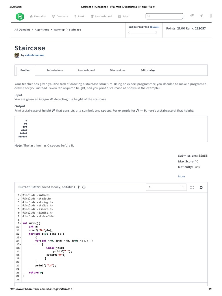 Staircase Challenge Warmup Algorithms Hackerrank Pdf