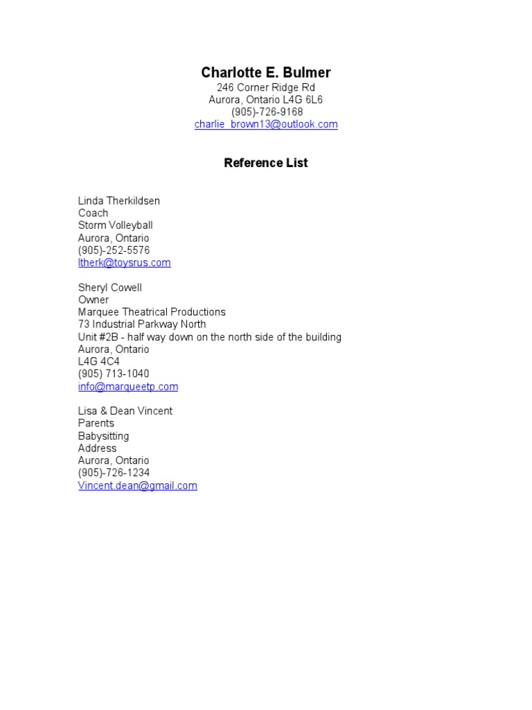 Contact Information and References for Charlotte Bulmer | PDF