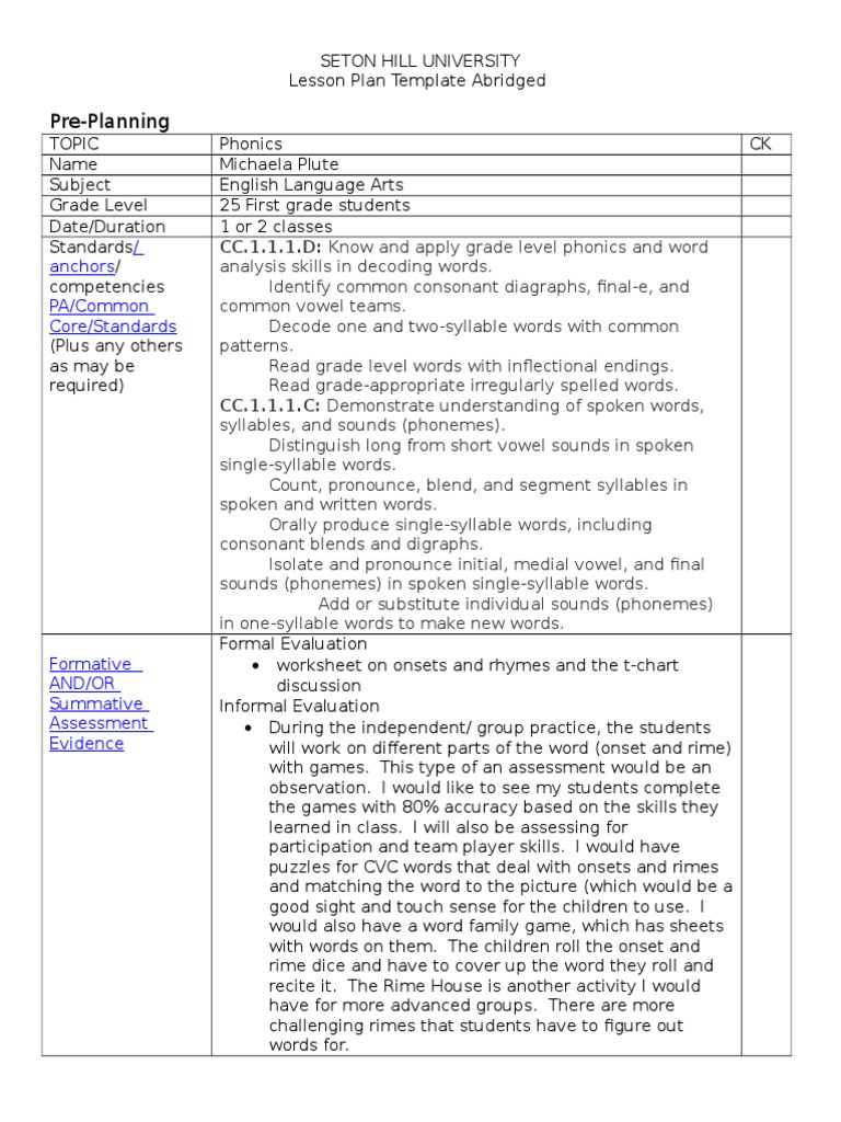 Kindergarten Phonics Lesson Plan | PDF | Syllable | Phonics