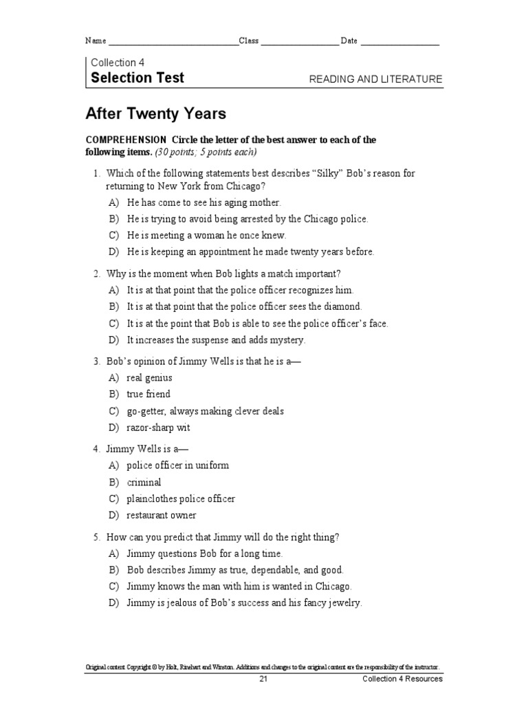 After Twenty Year Comprehension Activities 2 | PDF | Narration