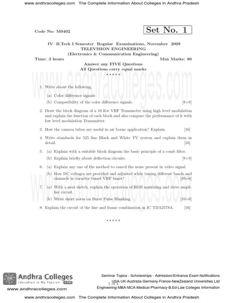 B.Tech Television Engineering Exam Papers | PDF | Television | Wireless