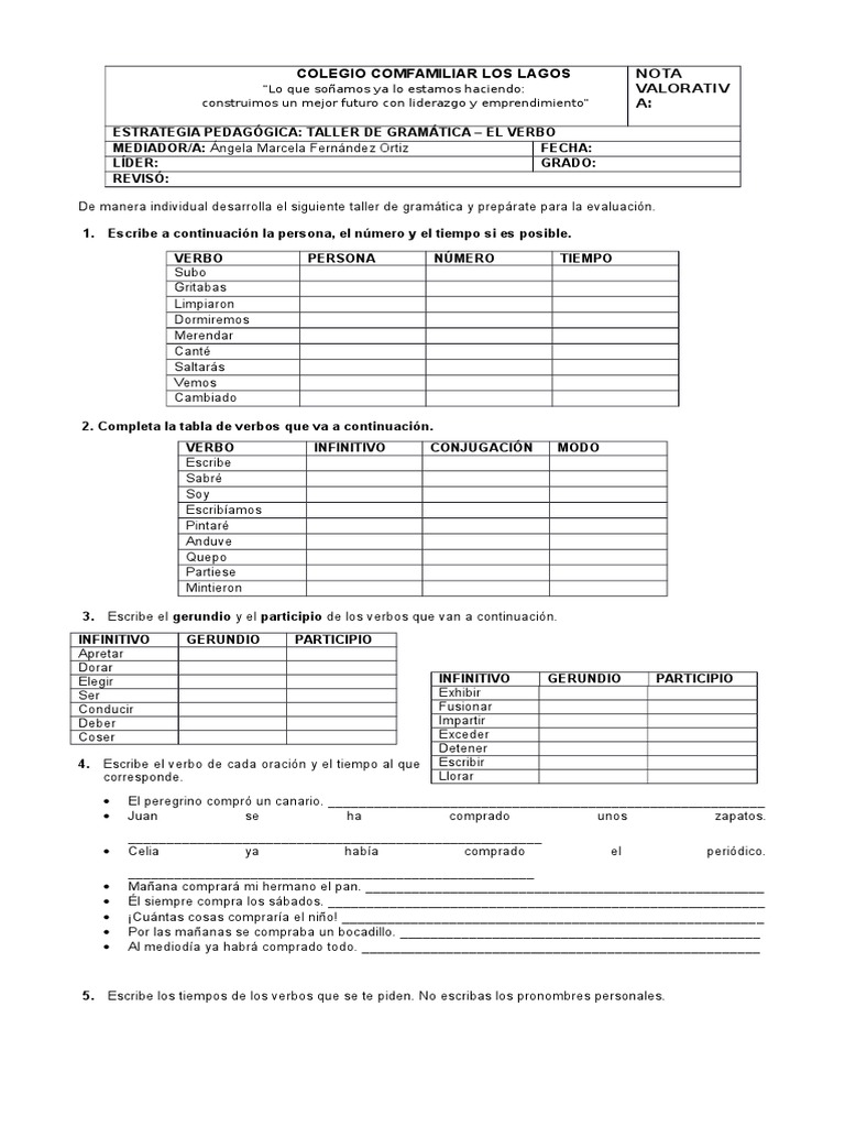 Taller de Gramática: El Verbo en Español | PDF | Verbo | Mecánica del ...