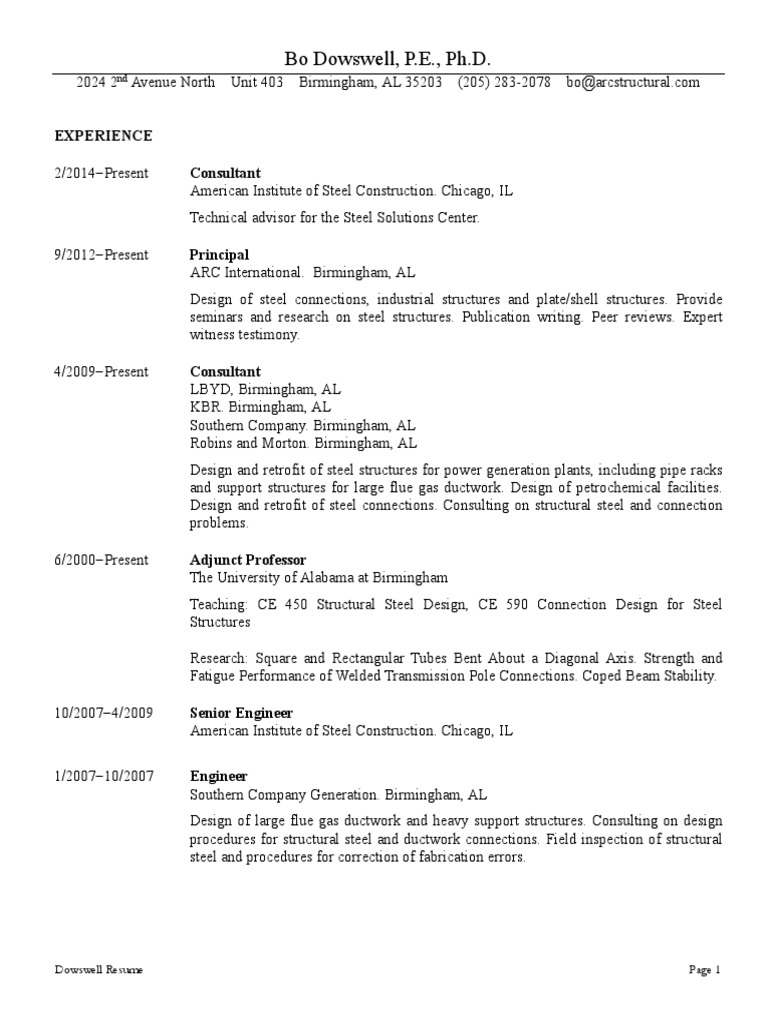 Bo Dowswell, P.E., PH.D.: Experience Consultant | PDF | Structural ...