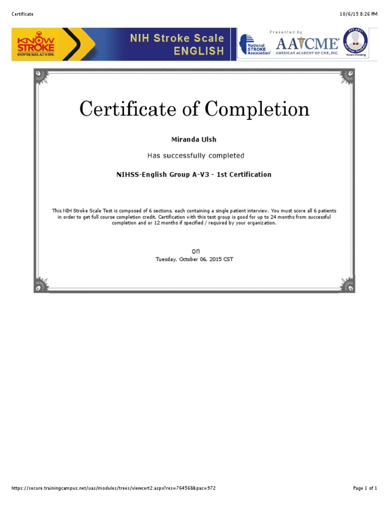 Stroke Certificate Pdf Clinical Medicine Medicine