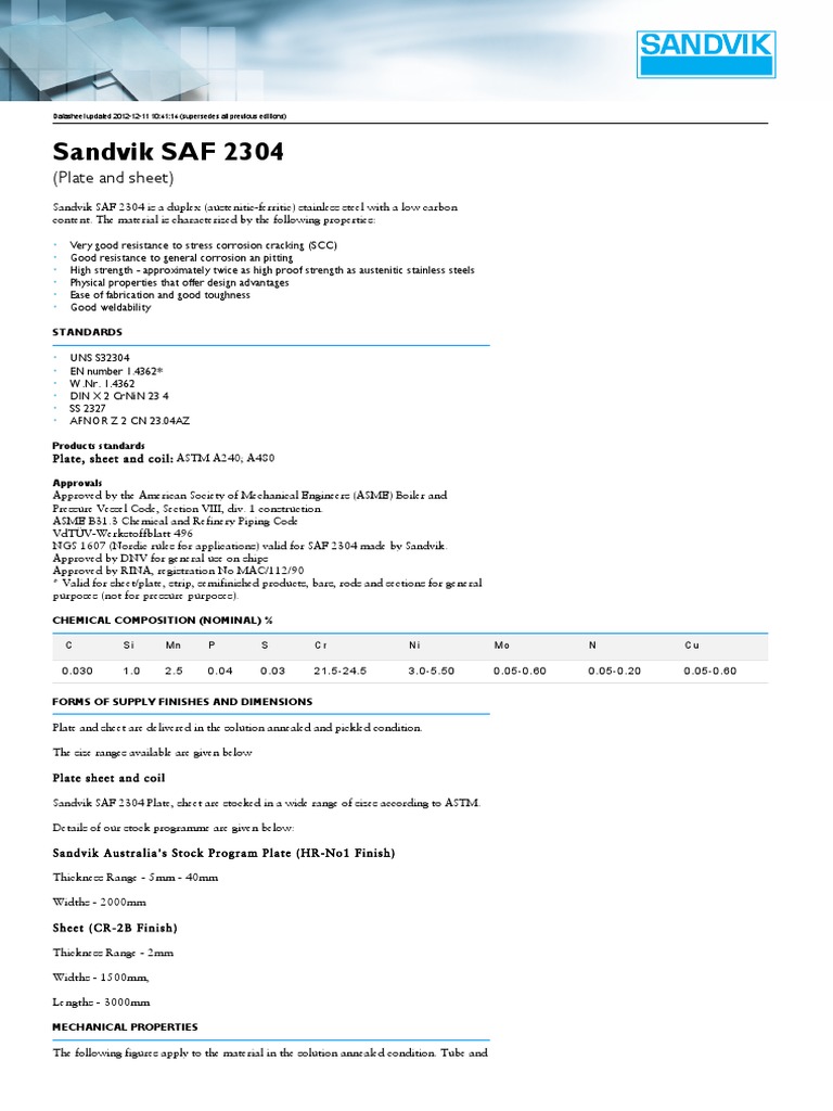 Sandvik SAF 2304: (Plate and Sheet) | PDF | Welding | Construction