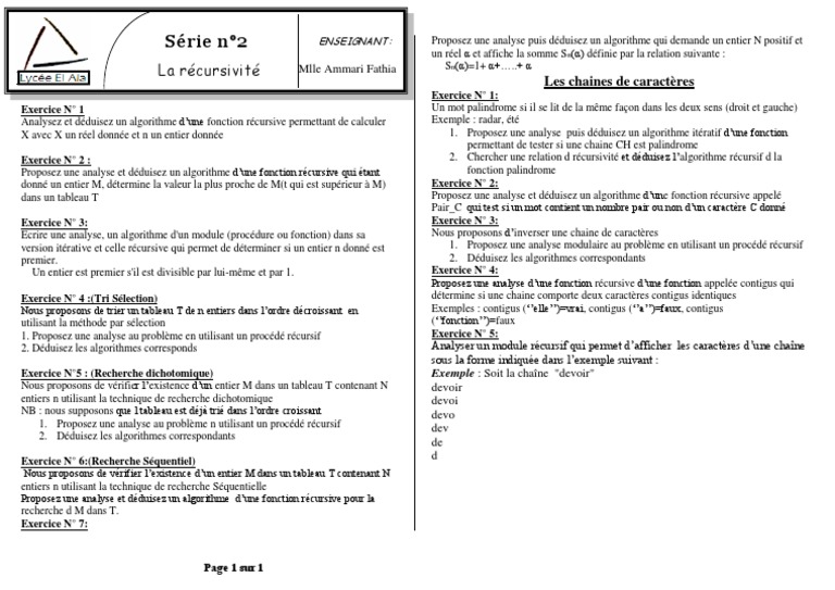 Série Dexercices N°1 Algorithmique Série Bac Informatique Récursivité Bac Informatique 