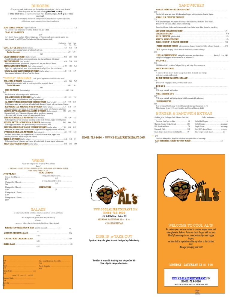 Cool Al's Menu | PDF | Potato Chip | Hamburgers