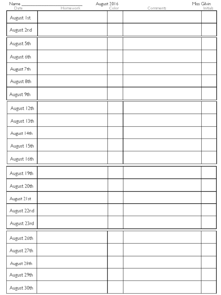 August 2016 Homework Tracker | PDF | Home & Garden | Art