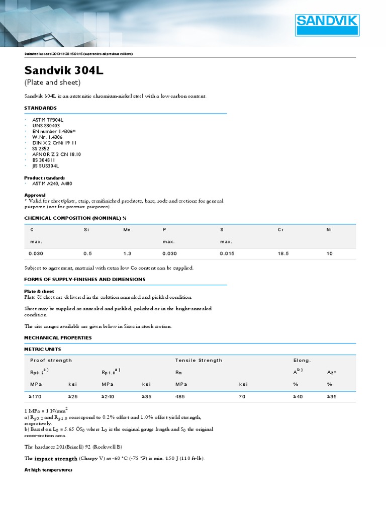 Sandvik 304L: (Plate and Sheet) | PDF | Welding | Construction