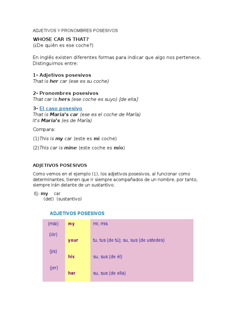 Hojas De Trabajo De Pronombres Posesivos En Inglés Como Segundo Idioma