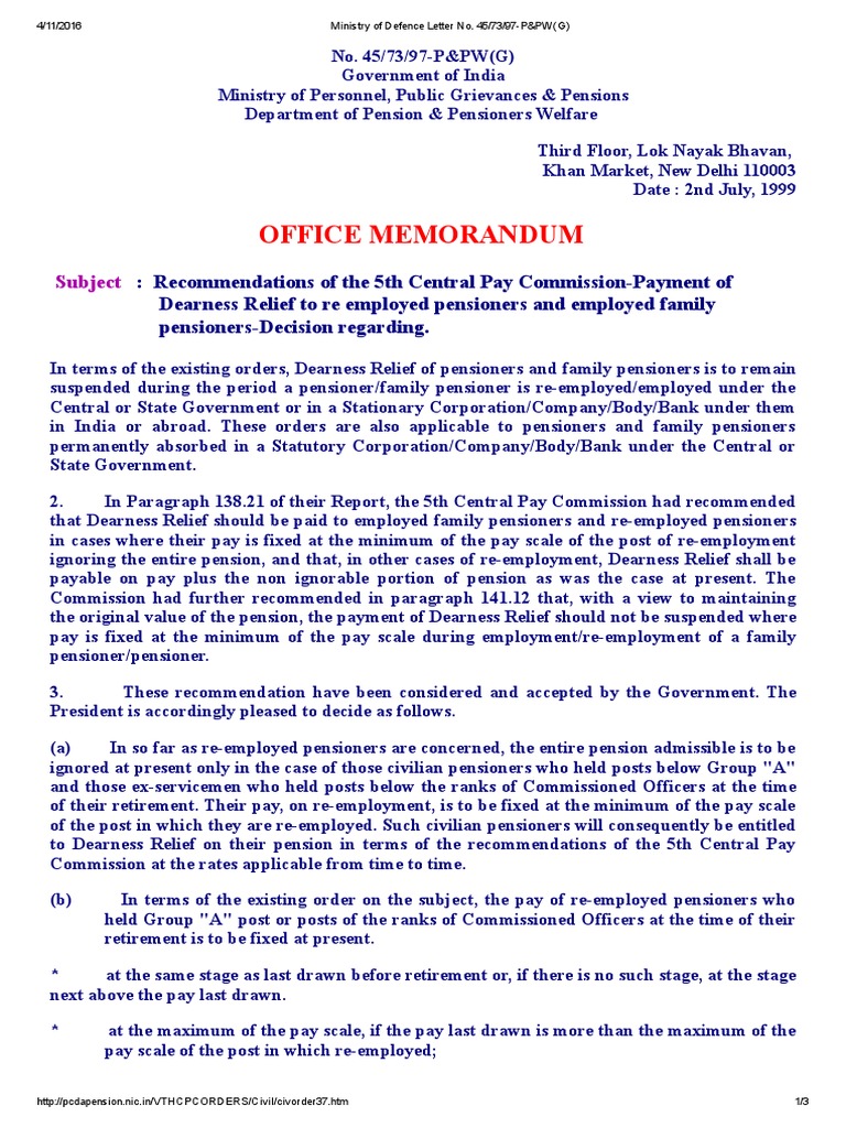 Ministry of Defence Letter on DR | Government Of India | Pension