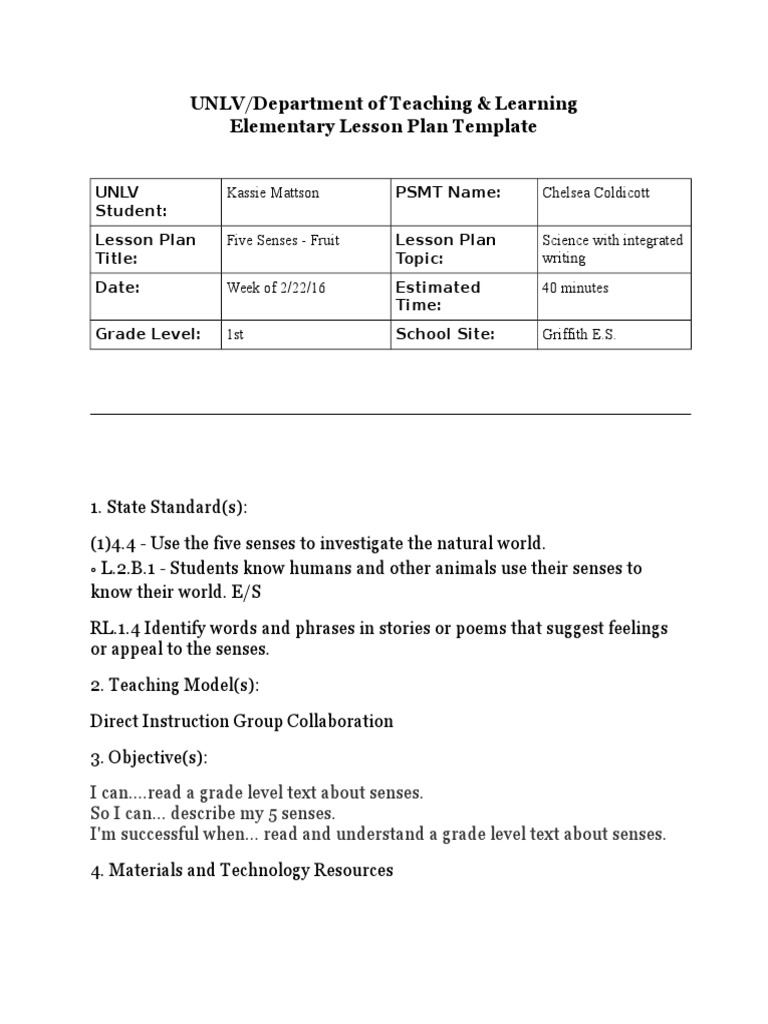 Five Senses Lesson Plan for 1st Grade | PDF