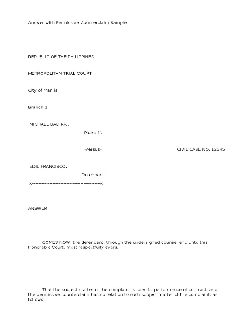 Sample Answer with Counterclaim | PDF