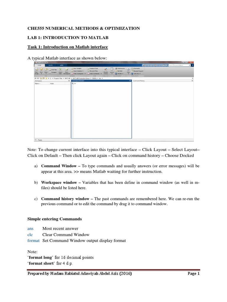 Che555 Numerical Methods & Optimization Lab 1: Introduction To Matlab Task 1: Introduction On ...