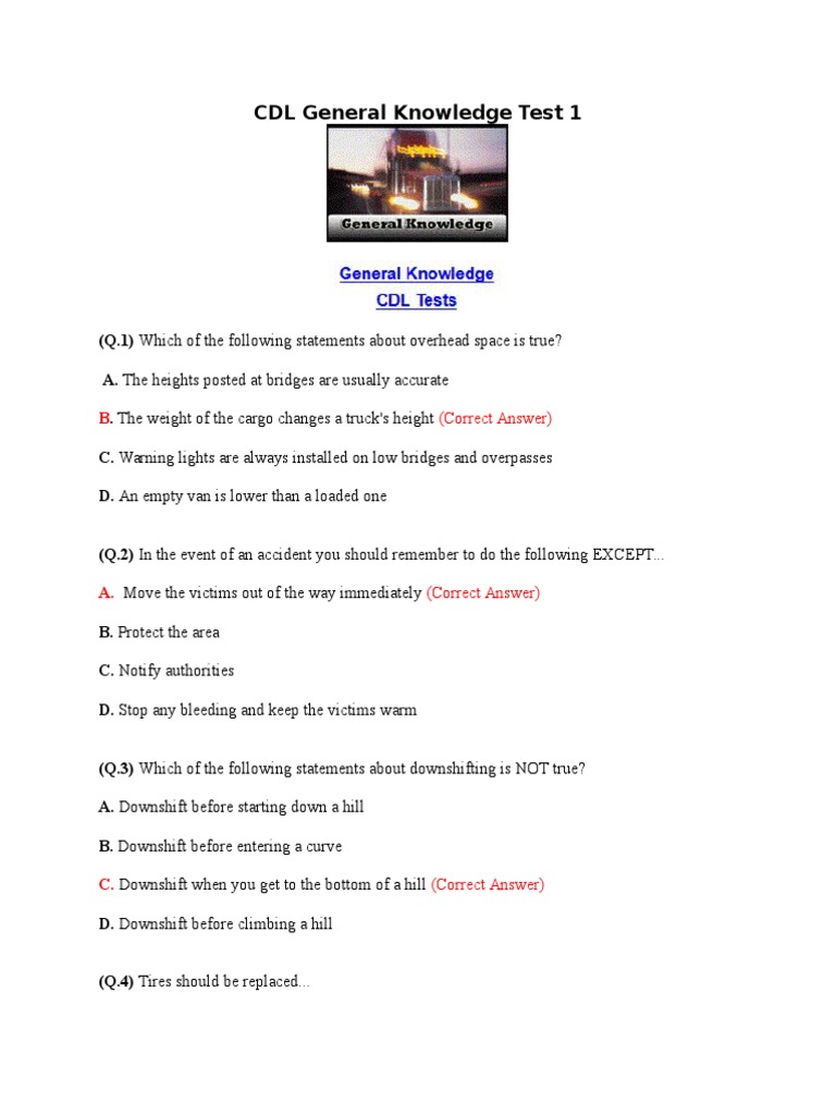 CDL General Knowledge Tests | PDF | Tire | Truck