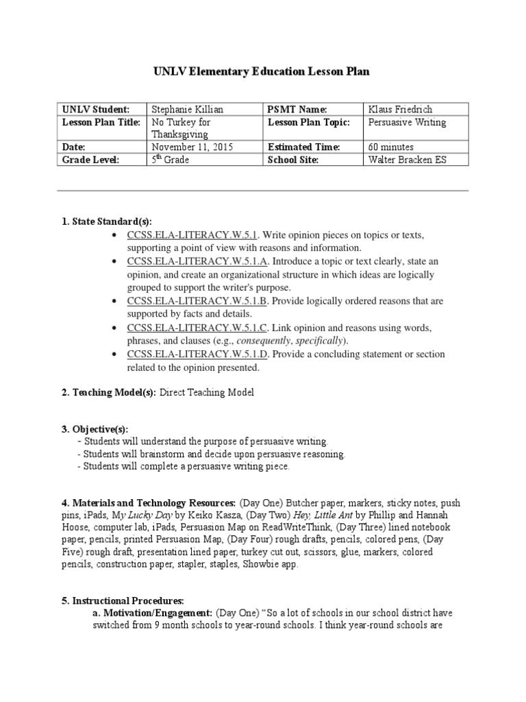 Persuasive Writing Lesson Plan | PDF | Homework | Lesson Plan