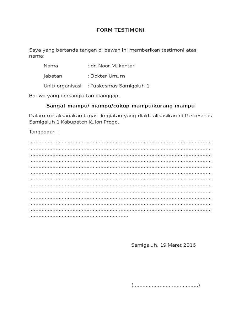 Testimoni Kinerja dr. Noor Mukantari | PDF