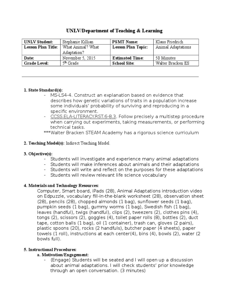 Animal Adaptations Centers Lesson Plan | PDF | Adaptation | Lesson Plan