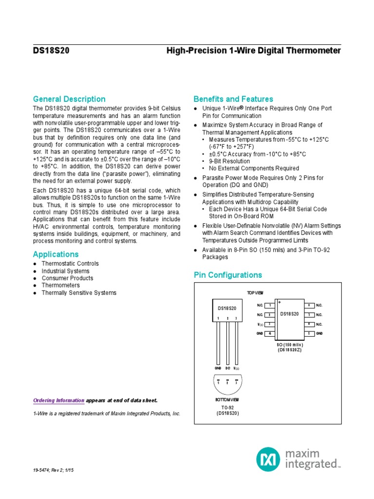 DS18S20 High-Precision 1-Wire Digital Thermometer: General Description ...