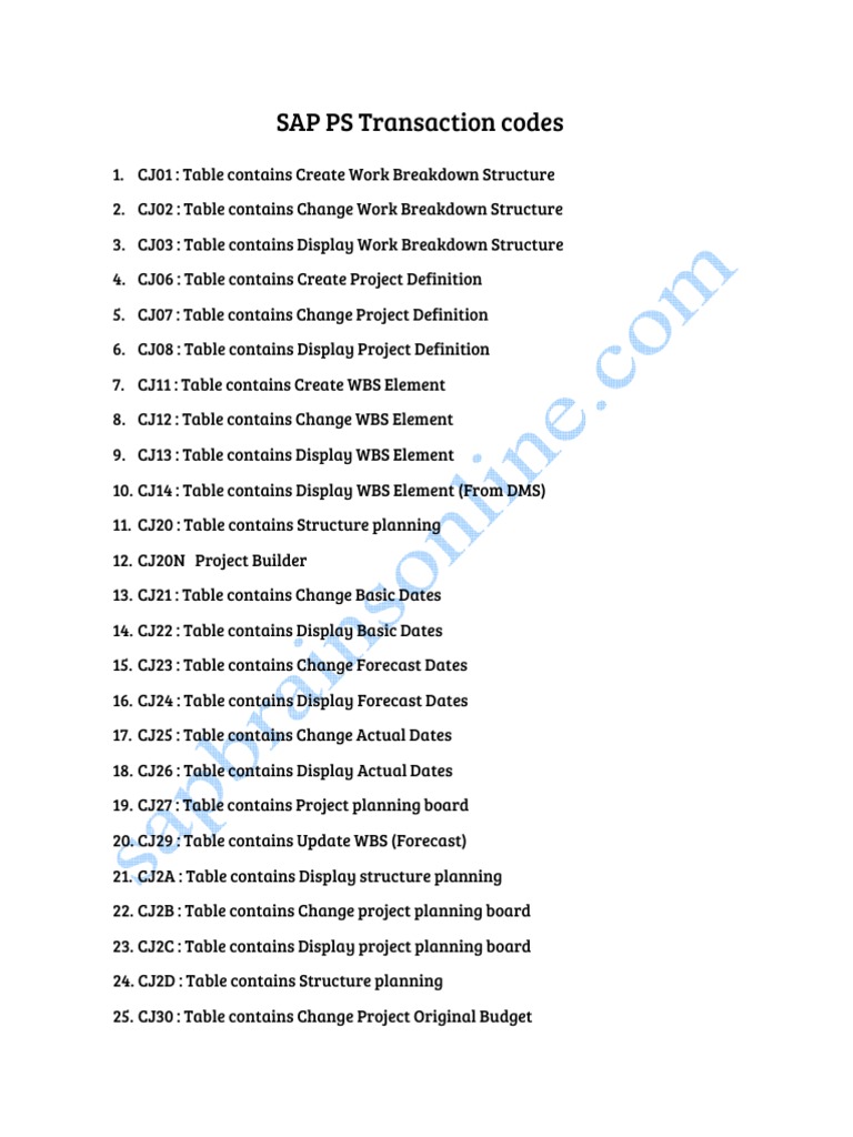 SAP PS Transaction Codes List | Mathematics | Computing And Information ...
