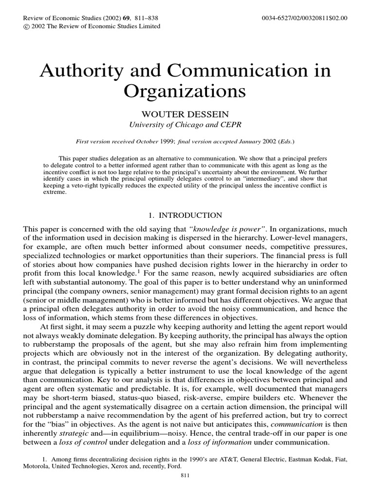 Authority and Communication in Organizations: Wouter Dessein | PDF ...