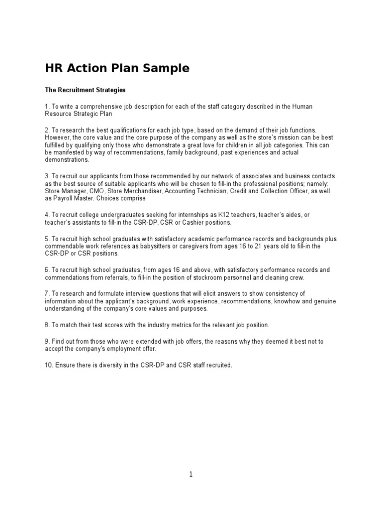 Hr Action Plan Sample | Corporate Social Responsibility | Employment